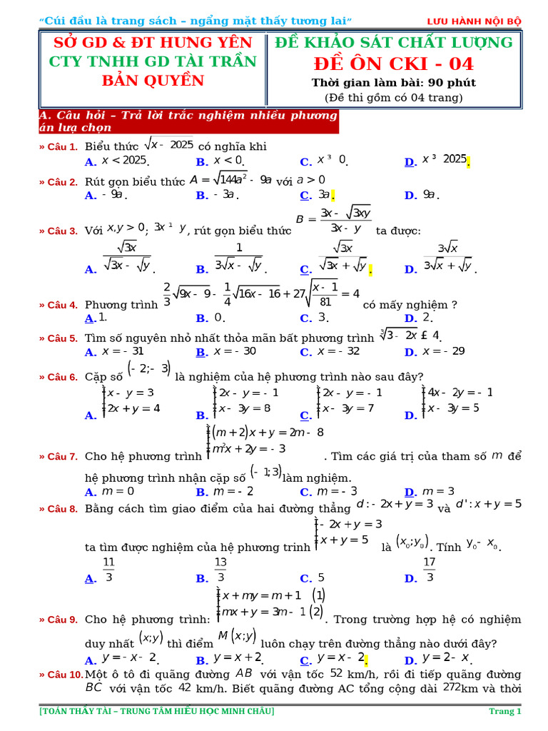 20 - de On Cuoi Hki - Toan 9 - So 04 | PDF