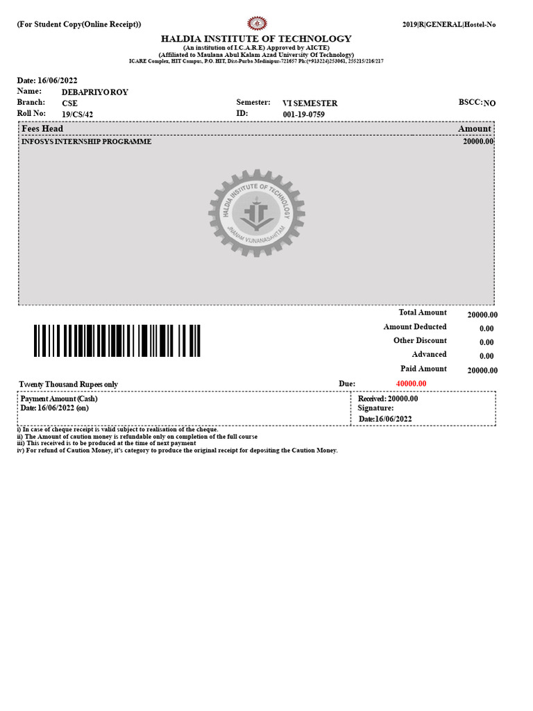 Haldia Institute Hostel Fee Receipt | PDF | Payments | Money