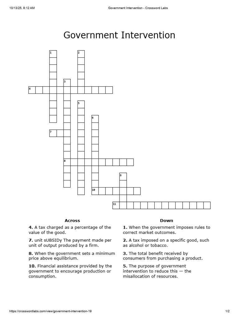 Government Intervention - Crossword Labs | PDF | Taxes | Subsidy