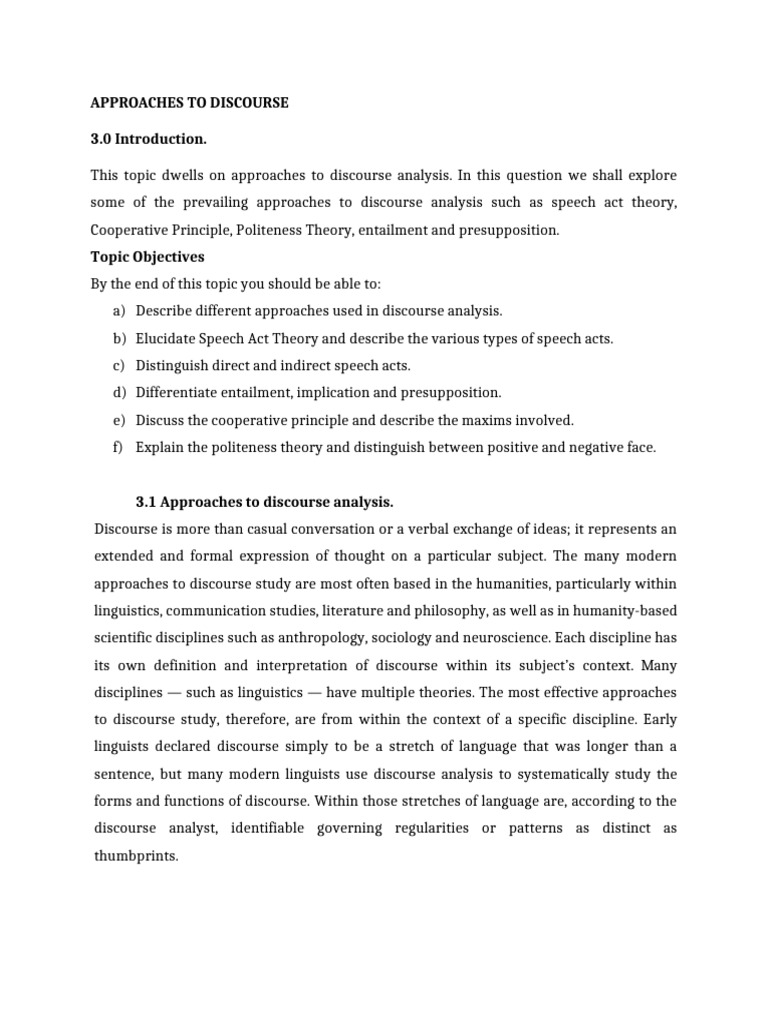 APPROACHES TO DISCOURSE analysis 1 | PDF | Discourse | Semantics