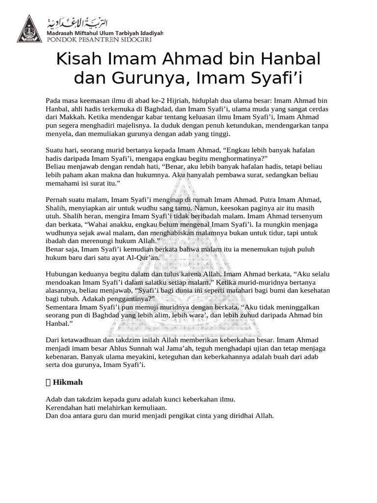 Kisah Imam Ahmad Bin Hanbal Dan Gurunya | PDF