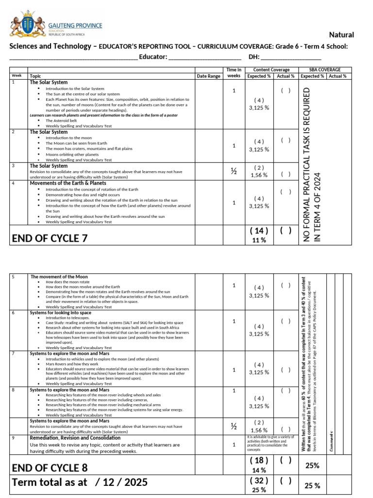 Gr 6 T4 2025 ED's Reporting Tool (1) | PDF | Moon | Planets