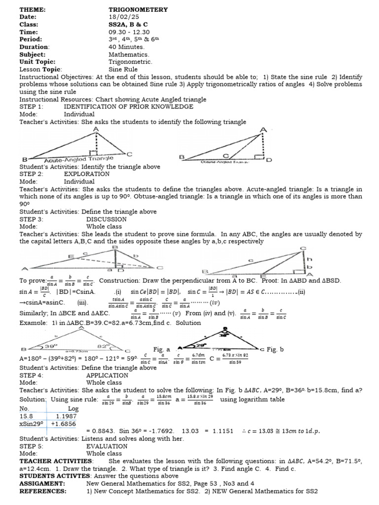 Sine Rule Lesson Plan for SS2 Students | PDF | Trigonometric Functions ...
