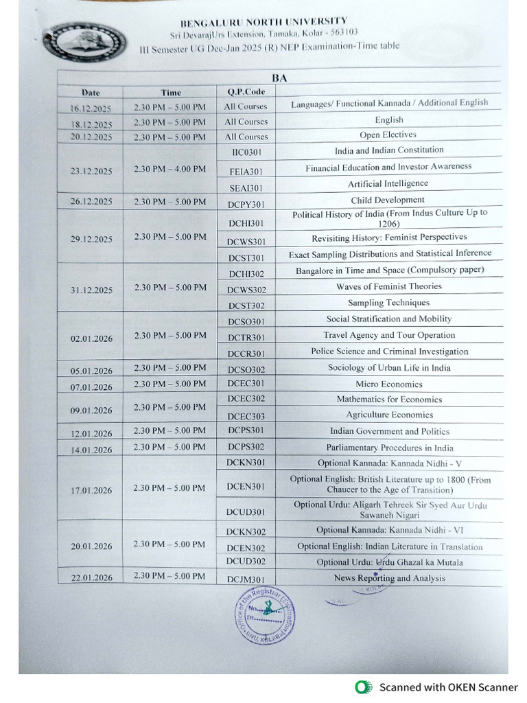 3rd Sem UG Time Table NEP Dec-2025 Jan 2026 | PDF