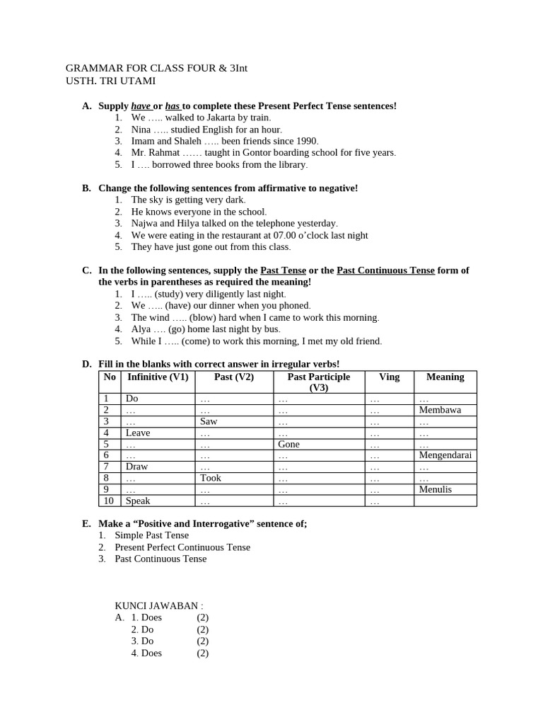 Grammar Exercises for Class Four Students | PDF | Grammatical Tense ...