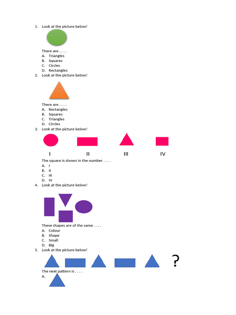 Shape Identification and Patterns Quiz | PDF