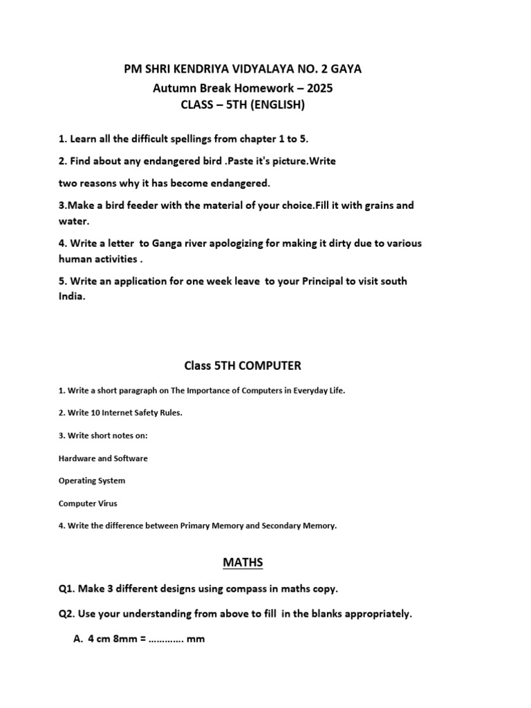 Class 5th Autumn Break | PDF