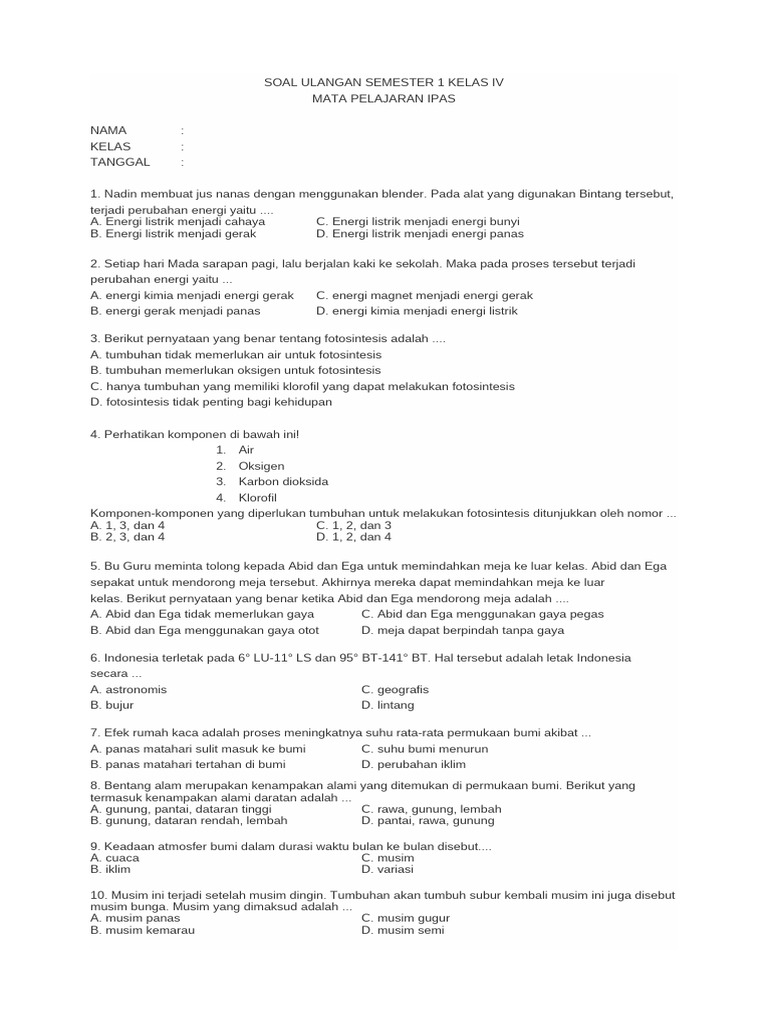 SOAL ULANGAN SEMESTER 1 KELAS IV ipas | PDF