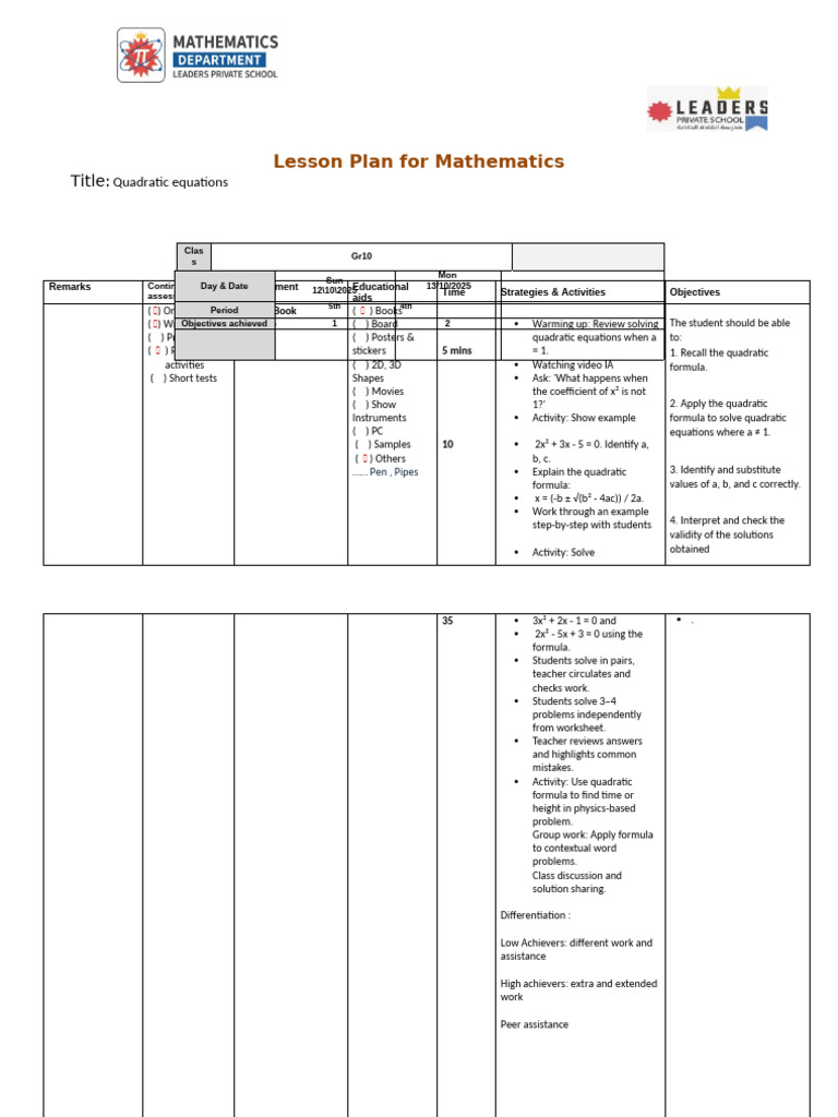 Lesson Plan for Mathematic Week8 | PDF | Quadratic Equation | Equations
