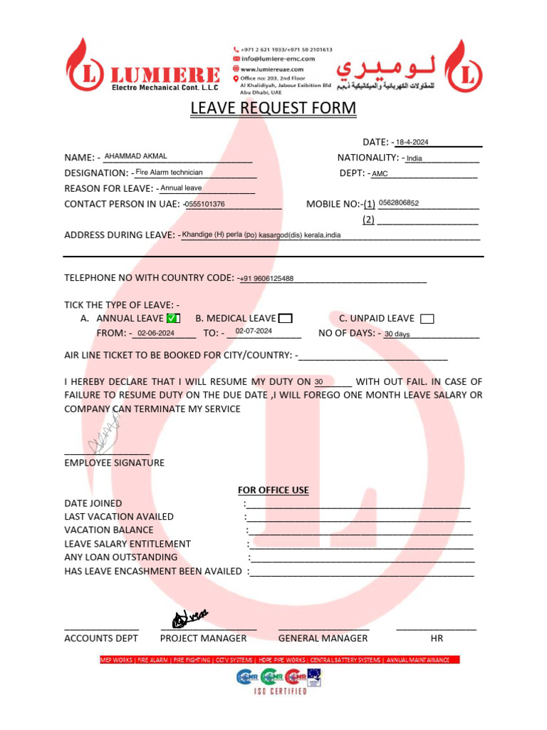 Leave Request Form Format | PDF | Labor Relations | Labor