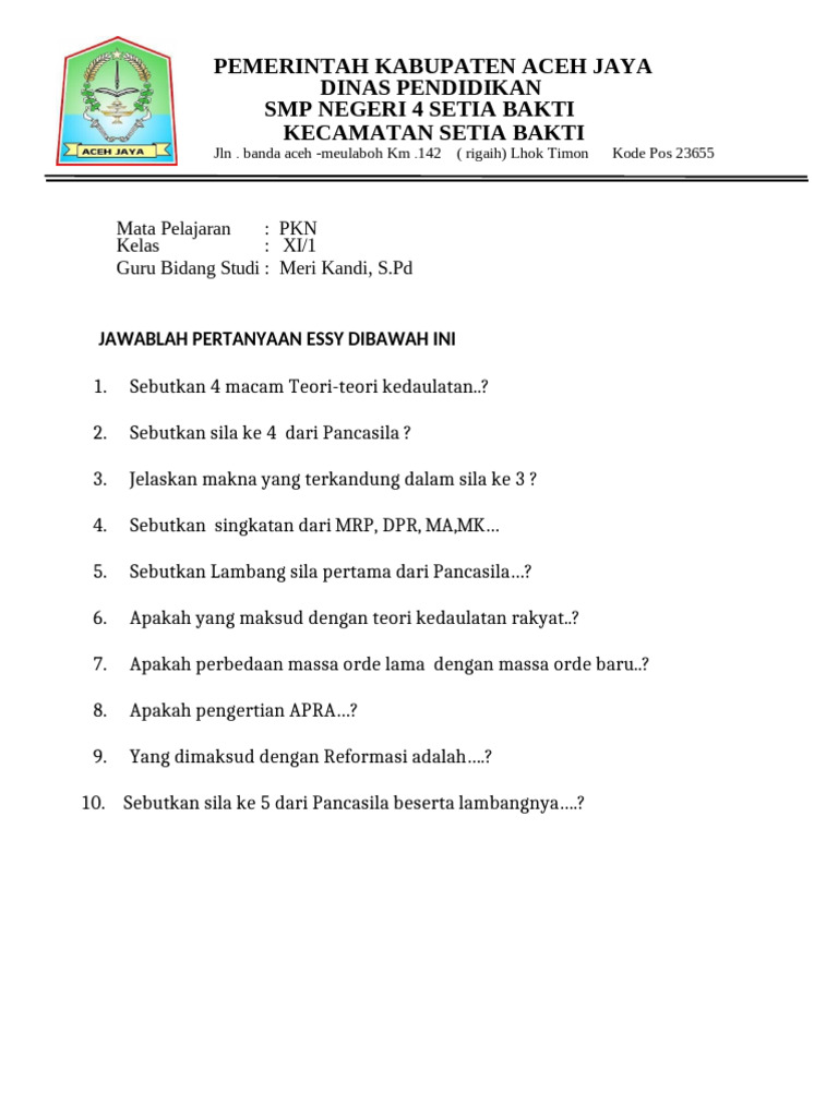 Soal Ujian Pkn Kelas 9-1 Tengah Semester Tahun 2025.,,, | PDF
