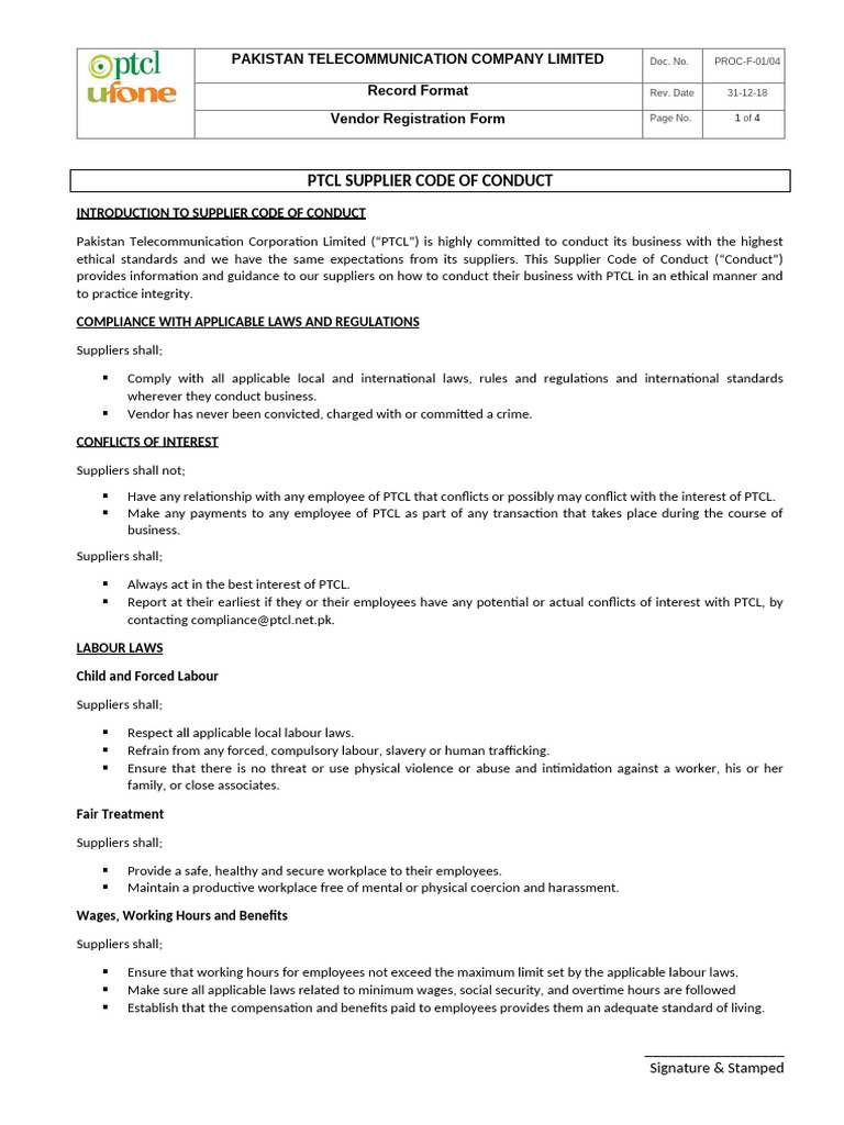 PTCL Supplier Code of Conduct With Header | PDF | Bribery | Business