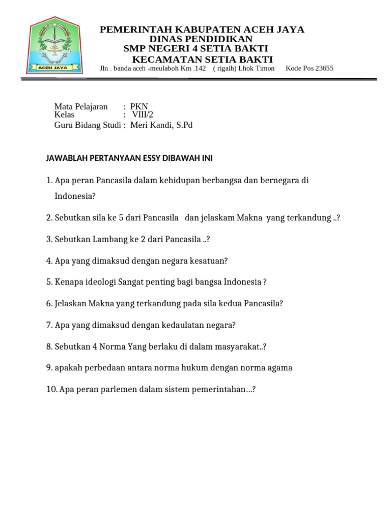 Soal Ujian Pkn Kelas 8-2tengah Semester Tahun 2025 | PDF