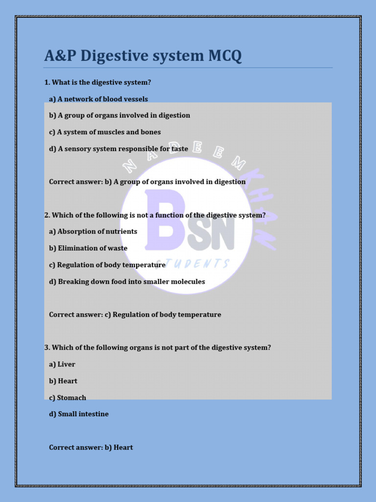 Digestive System MCQ Quiz | PDF | Human Digestive System | Small Intestine