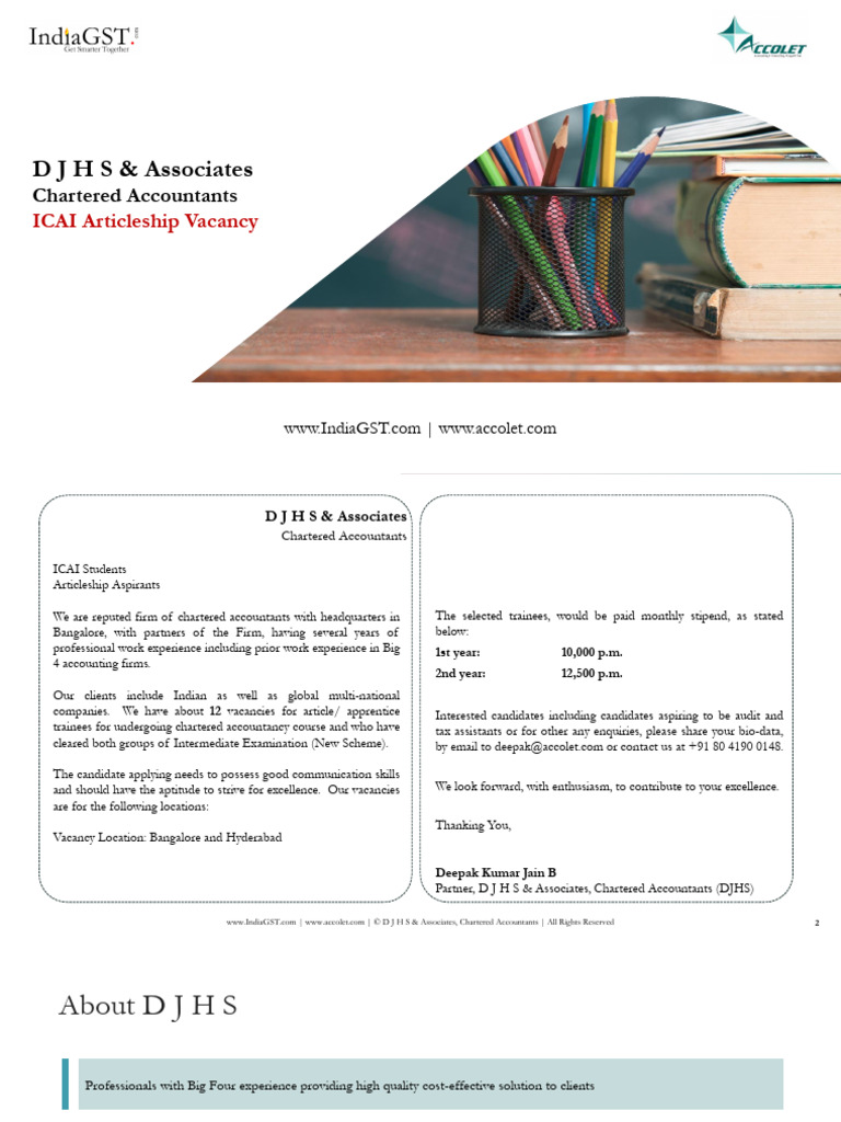 ICAI Articleship Vacancies in Bangalore | PDF | Business