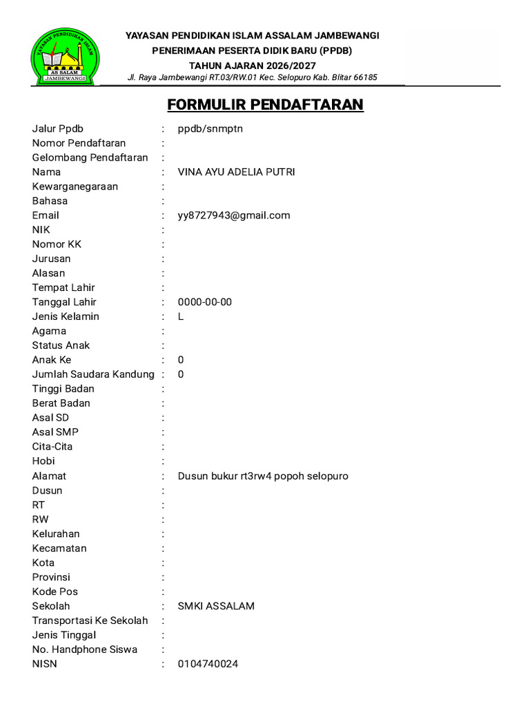 CETAK FORMULIR PENDAFTARAN | PDF