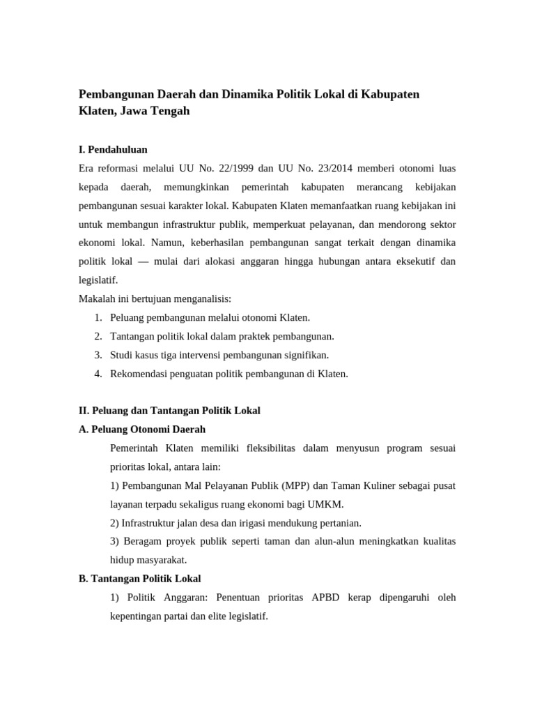 Makalah Politik Lokal Klaten Dengan Daftar Pustaka | PDF