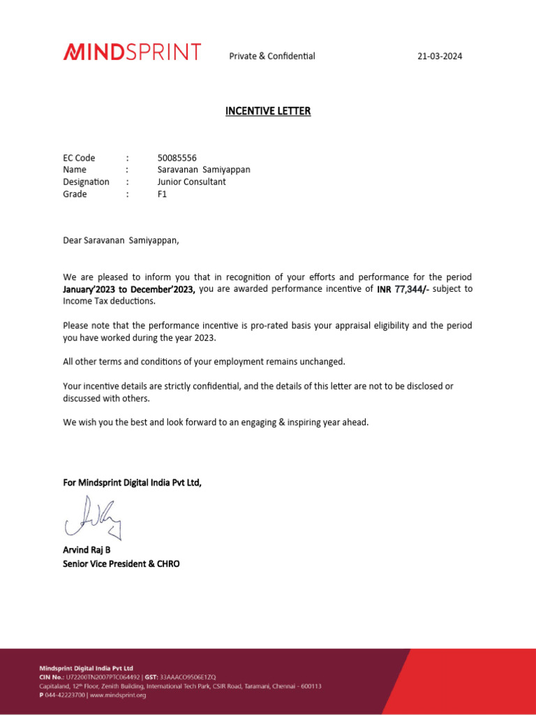 Mindsprint Incentive Letter | PDF
