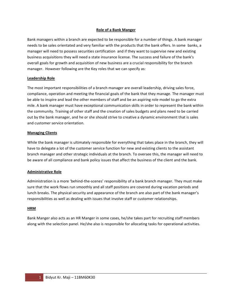 Bank Manager Job Description