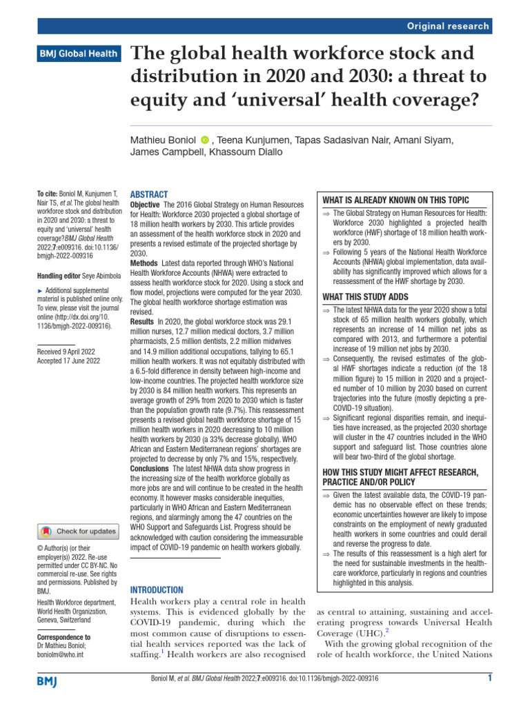The Global Health Workforce Stock and Distribution in 2020 and 2030: A ...