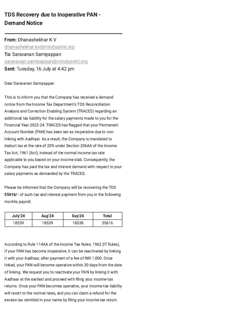 TDS Recovery Notice for Inoperative PAN | PDF
