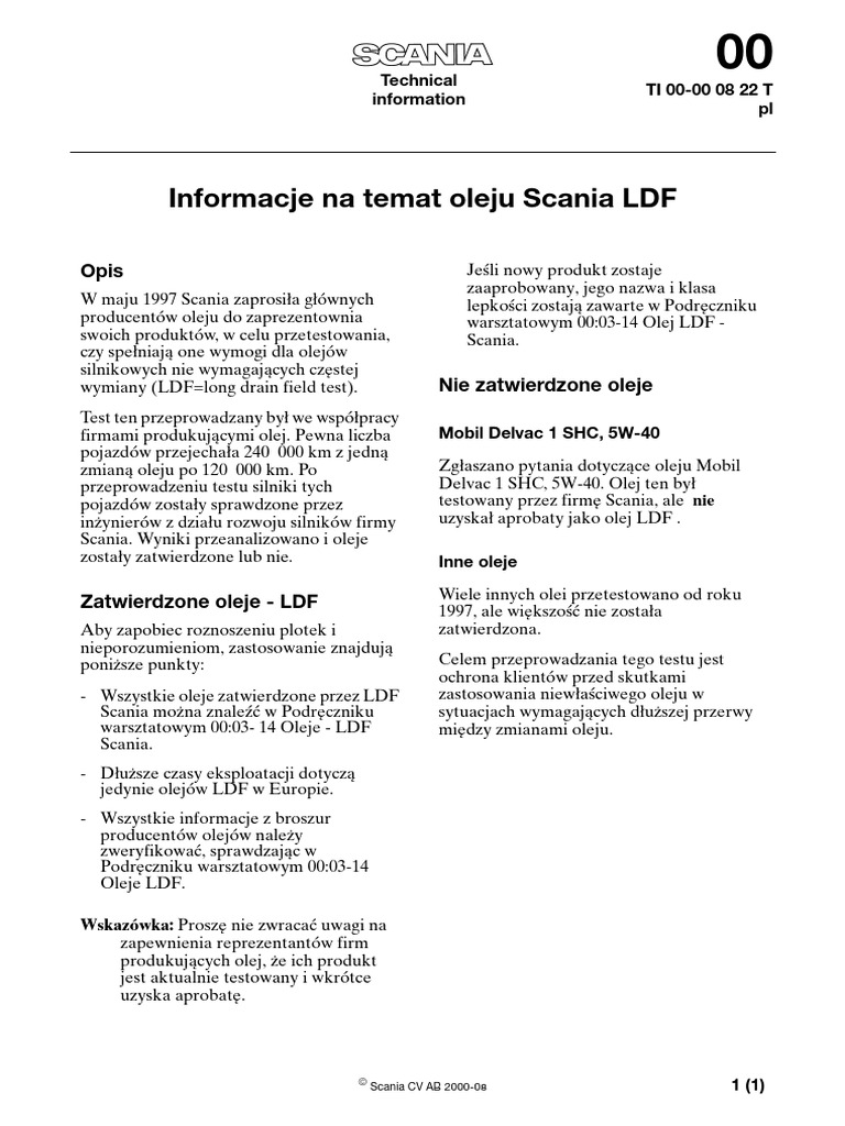 Informacje Na Temat Oleju Scania LDF TI - 00-00-08-22-T - PL | PDF