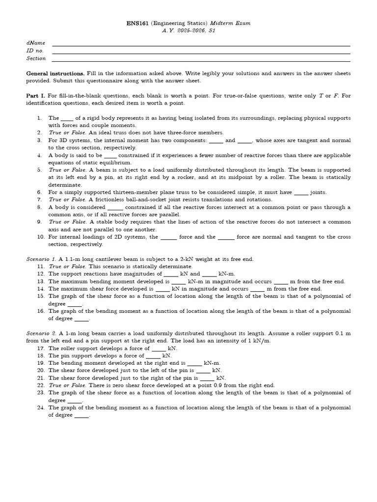 ENS161 Engineering Statics Midterm Exam | PDF | Bending | Beam (Structure)