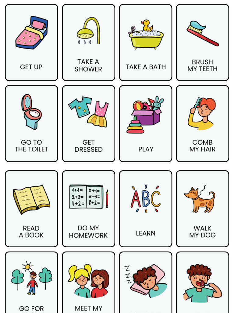 Daily Activities Vocabulary Flashcards in Colorful Illustrative Style ...
