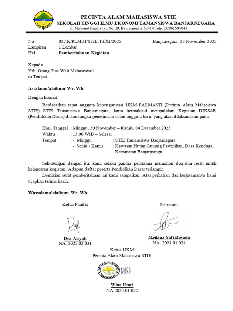 027.k Surat Pemberitahuan Kegiatan Diksar(Orang Tua) | PDF