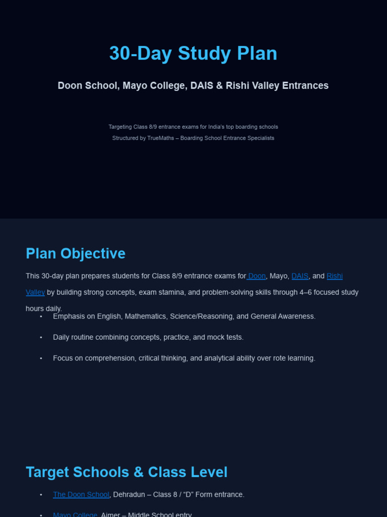 30-Day Study Plan Doon School, Mayo College, DAIS & Rishi Valley ...