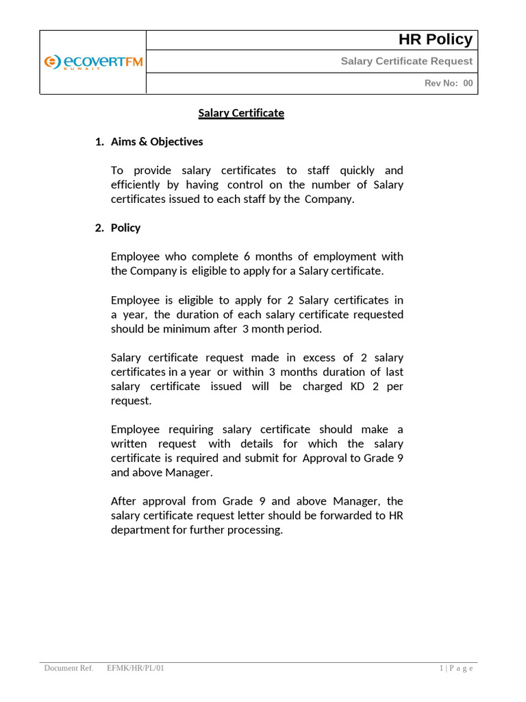 EFMK HR PL 01 Salary Certificate | PDF