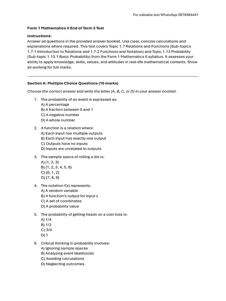 Form 1 Mathematics II End of Term 3 Test | PDF | Probability | Function ...