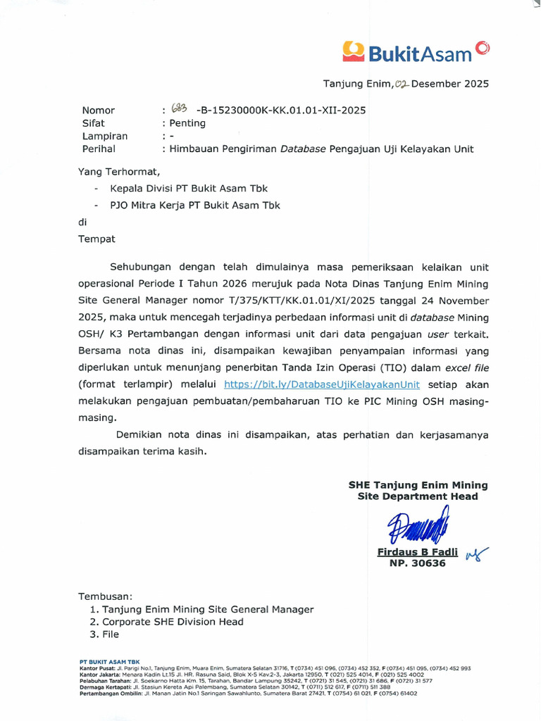 (SIGNED) ND Himbauan Pengiriman Database Pengajuan Uji Kelayakan Unit | PDF