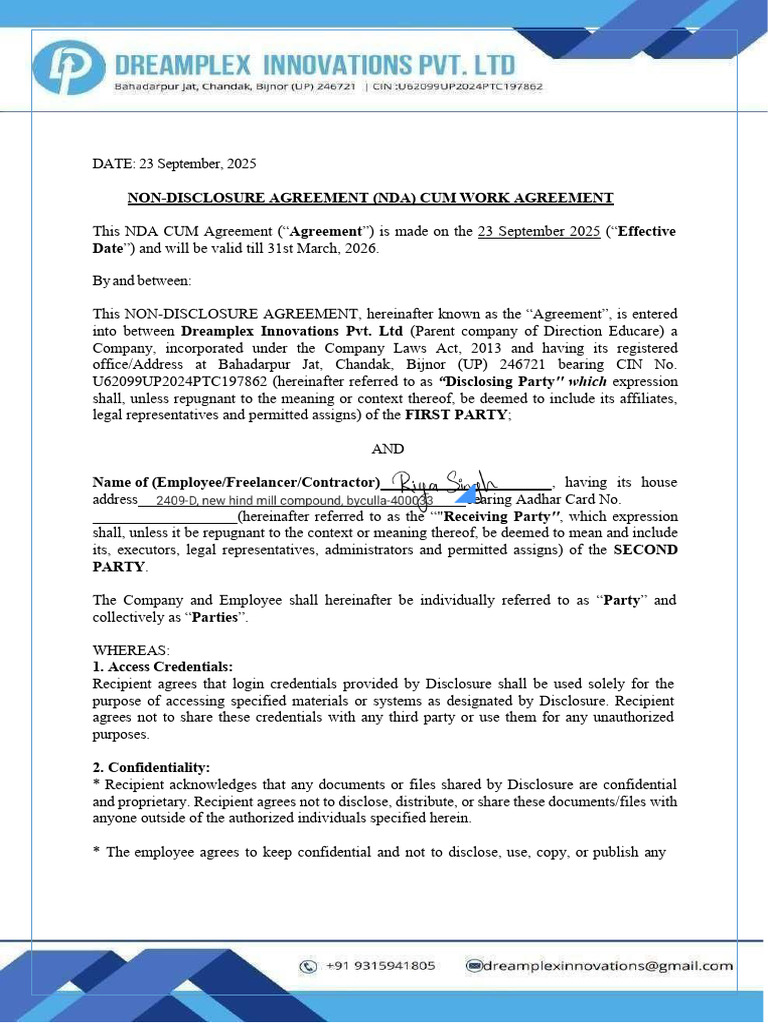 NDA and Work Agreement Template | PDF | Non Disclosure Agreement ...