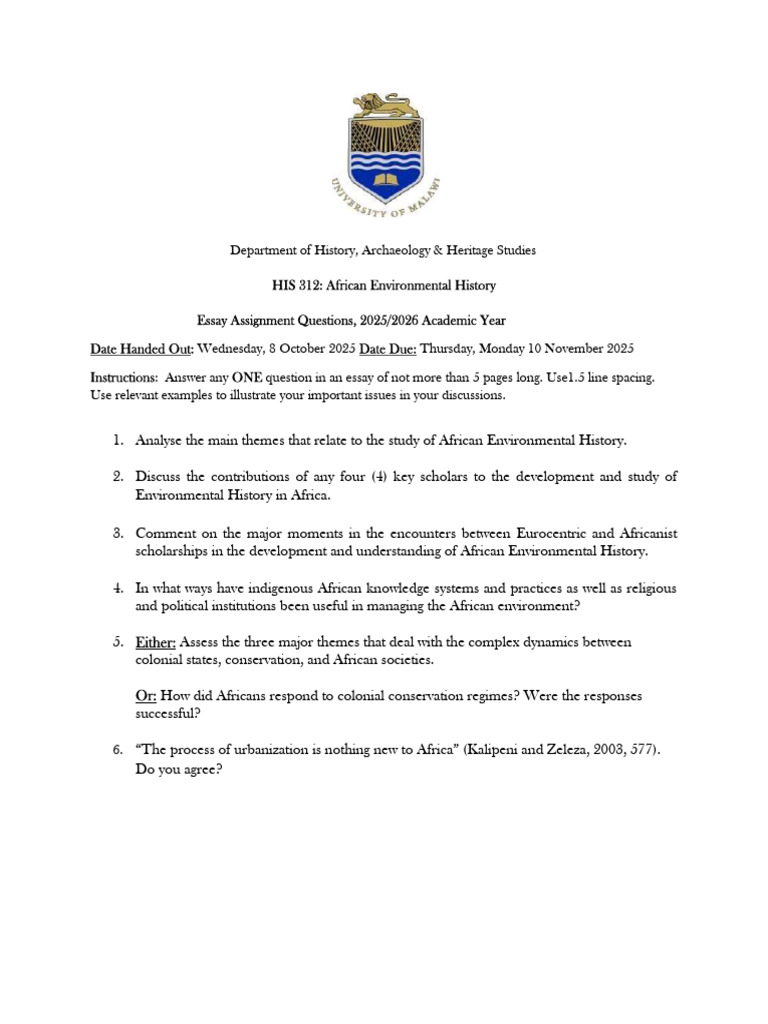 HIS 312 - African Environmental History - Essay Questions - 8 October ...