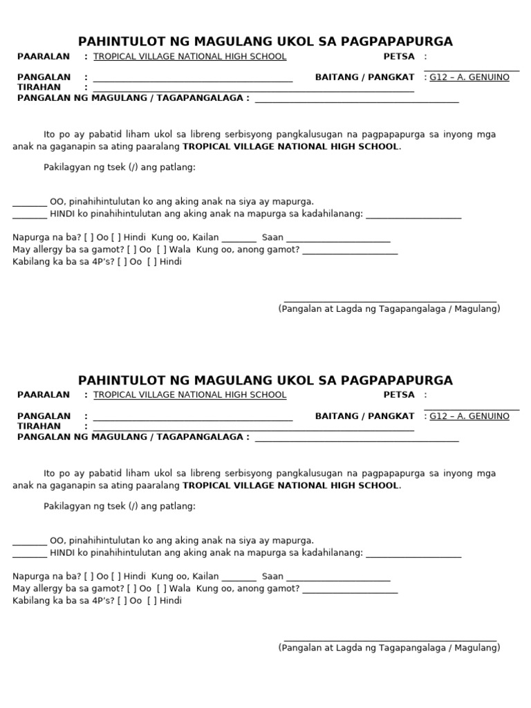 Pahintulot NG Magulang - Deworming | PDF
