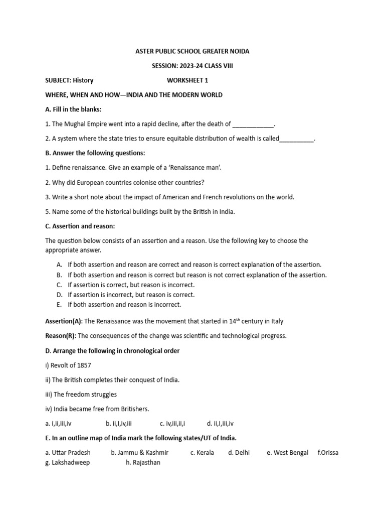 Worksheet CH 1 History CL 8 | PDF
