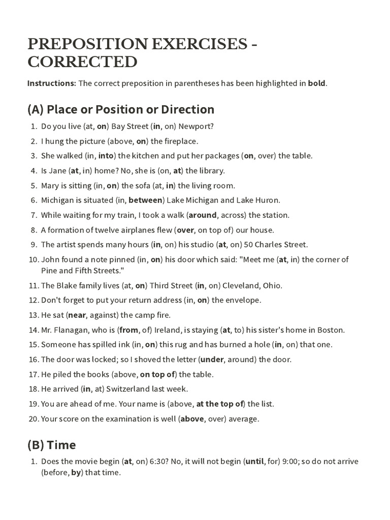 Preposition Exercises - Corrected | PDF | Chess Theory | Chess