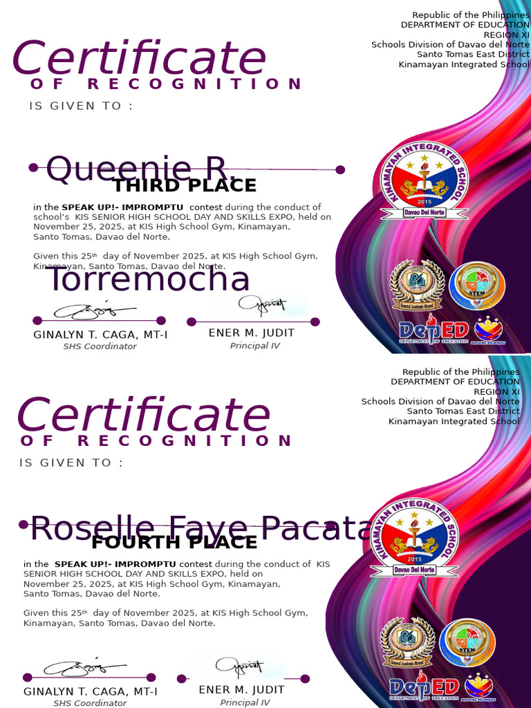 SHS DAY CERTIFICATES-winners Sample Cert | PDF