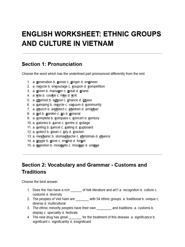 English Worksheet: Ethnic Groups and Culture in Vietnam | PDF