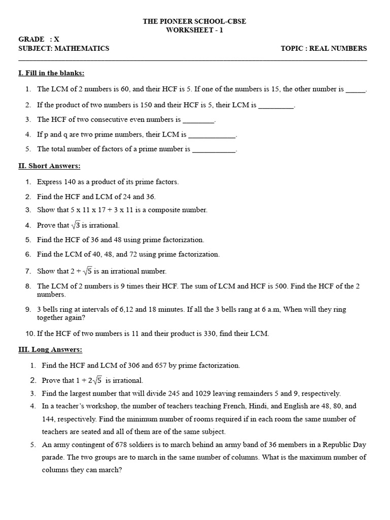 Grade X Mathematics: Real Numbers Worksheet | PDF | Mathematics ...