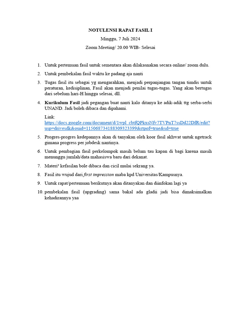 Notulensi Rapat Fasil I 7 Juli 2024 | PDF