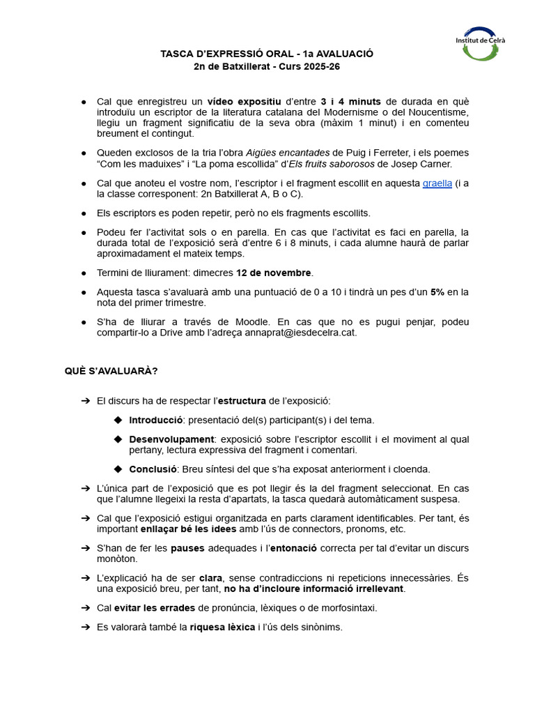 EXPRESSIÓ ORAL 1 - 2n BAT (25-26) | PDF