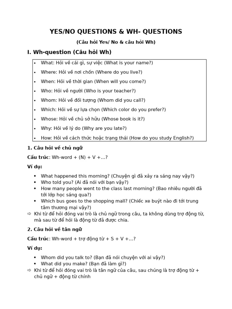 Yes/No Questions & Wh-Questions: I. Wh-question (Câu hỏi Wh) | PDF
