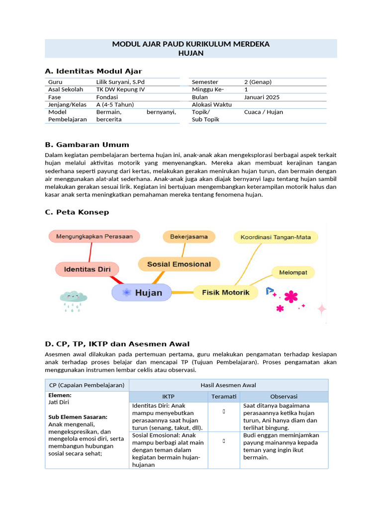 Modul PAUD: Pembelajaran Tema Hujan | PDF