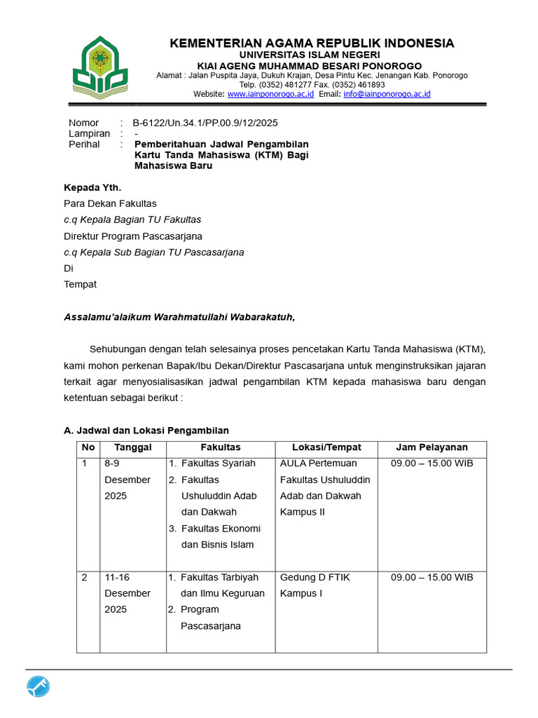 6122_surat Pemberitahuan Jadwal Pengambilan Ktm Mahasiswa Baru[1] | PDF