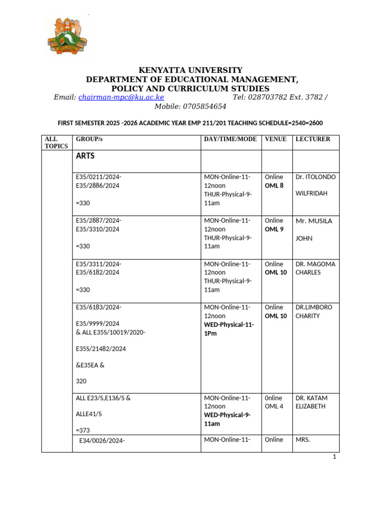 Kenyatta University EMP 211/201 Teaching Schedule | PDF | Learning