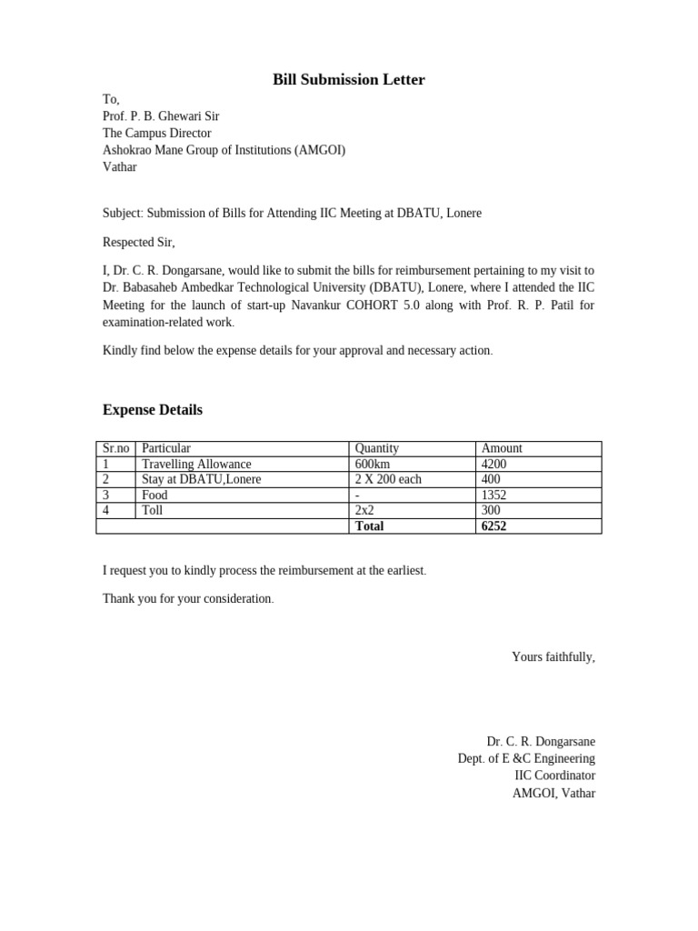 Bill Submission With Expense Table | PDF