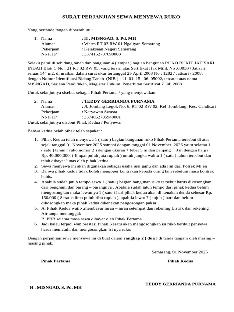 Surat Perjanjian Sewa Ruko | PDF