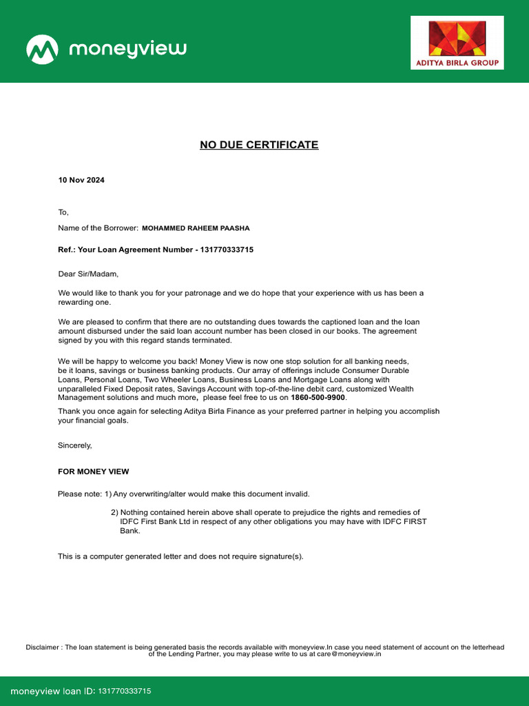 Money View Noc | PDF